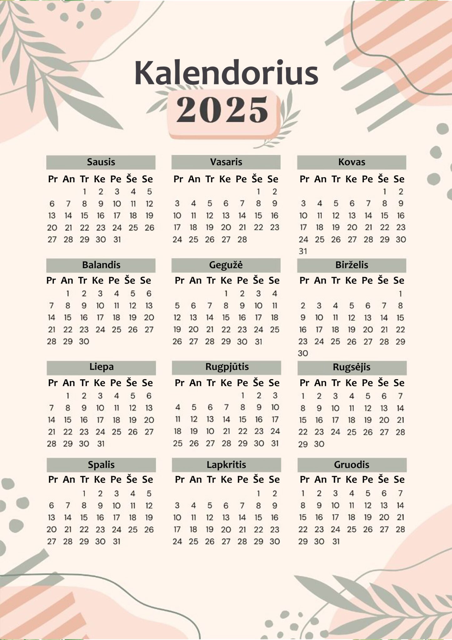 2025 kalendorius atsispausdinti - 2025 metų kalendoriai