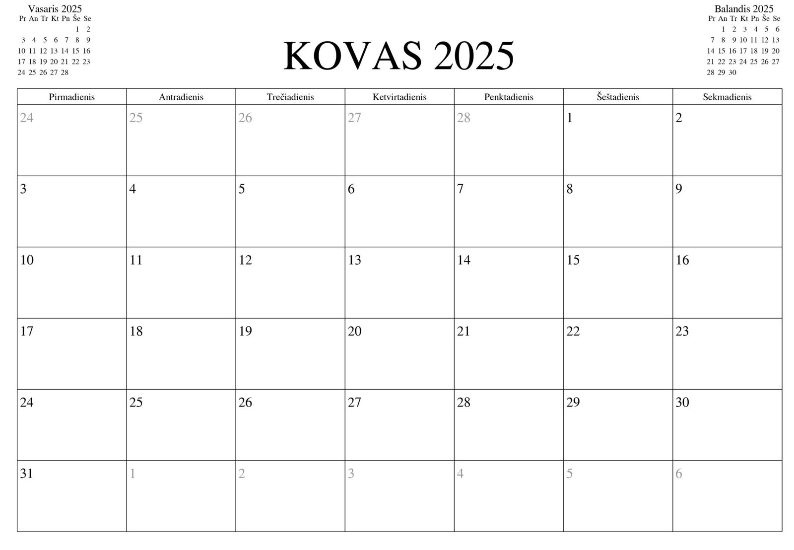 2025 kalendorius atsispausdinti - 2025 metų kalendoriai